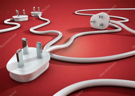 Electical Cables And Plugs Lay On A Red Smooth Surface And Overlap Each Other Concept For