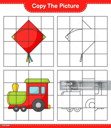 그림을 복사하고 격자선을 사용하여 연과 기차의 그림을 복사하십시오 교육 어린이 게임 인쇄 가능한 워크 시트 벡터 일러스트 레이 션 0명에 대한 스톡 벡터 아트 및 기타