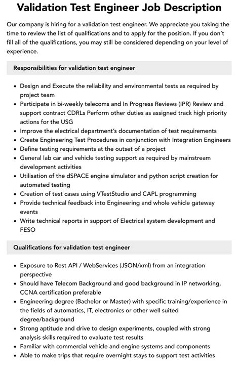 Validation Test Engineer Job Description Velvet Jobs