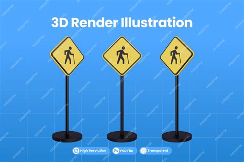 횡단 보도 지역 교통의 노란색 삼각형 경고 기호 상징의 3d 렌더링 교통 표지판 프리미엄 Psd 파일
