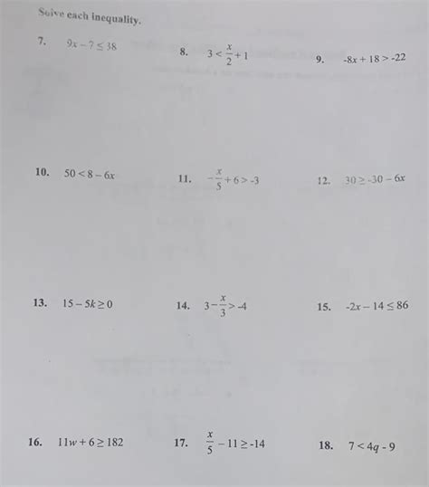 [answered] suive each inequality 7 9x 7 38 10 50 8 6x 13 15 5k 0 16 11w