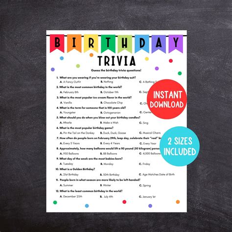Birthday Trivia Game Printable Birthday Game Easy Birthday Game For