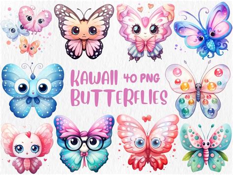 watercolor kawaii butterflies clipart