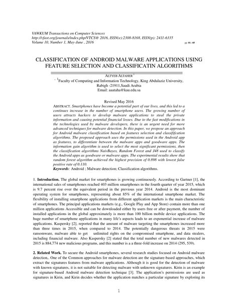 pdf classification of android malware applications using feature