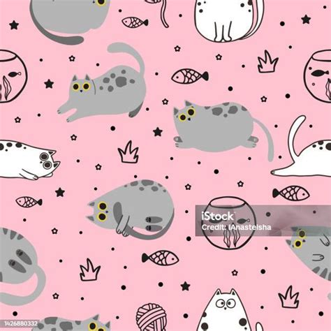 귀여운 만화 고양이와 원활한 패턴 직물 섬유 벡터 일러스트 레이 션에 적합 0명에 대한 스톡 벡터 아트 및 기타 이미지 0명 가축 개 Istock