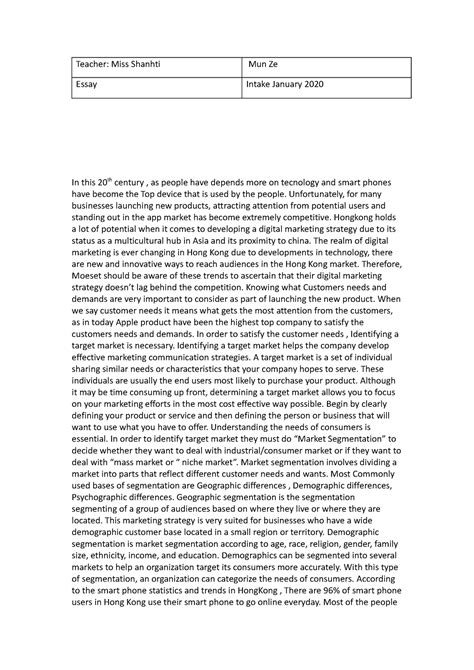 Miss Shanhtii Assignment Teacher Miss Shanhti Mun Ze Essay Intake