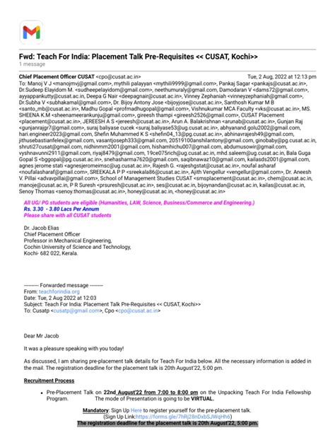 Gmail Fwd Teach For India Placement Talk Pre Requisites Cusat Kochi Pdf