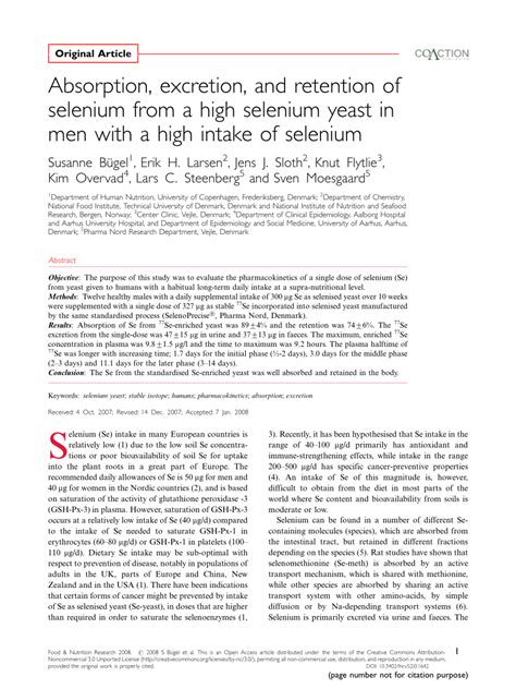 Pdf Absorption Excretion And Retention Of Selenium From A High
