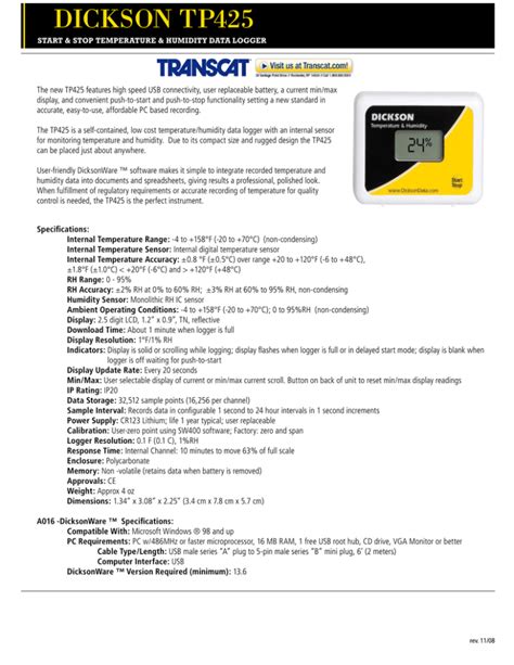 Dickson Tp425 Temperature And Humidity Data Logger Specs
