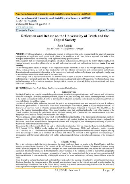 Reflection And Debate On The Universality Of Truth And The Digital Society Pdf