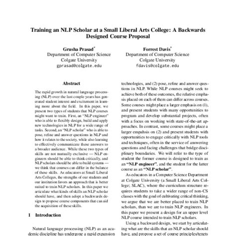 Training An Nlp Scholar At A Small Liberal Arts College A Backwards