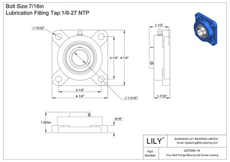 Ucf206 19 Four Bolt Flange Bearing Set Screw Locking Ami Lily Bearing