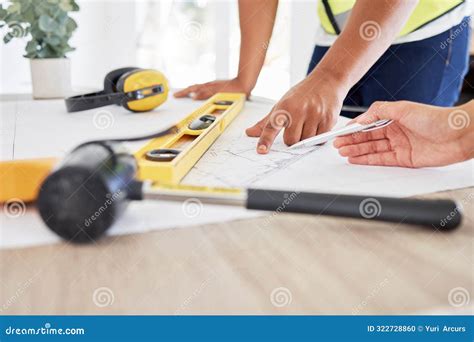 Builder Planning And Blueprint Of Hands With Tools Engineering And Architecture Floor Plan