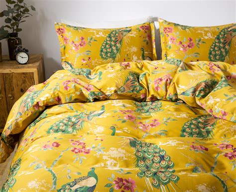 Chinoiserie Yellow Citrine Peacock Sakura Blossom Duvet Cover And