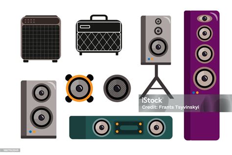 만화 스타일로 음악을 듣기 위한 아이템 세트의 벡터 그림 스피커 라디오 및 라디오는 흰색 배경에 고립되어 있습니다 뉴스 프로그램