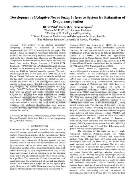 Pdf Development Of Adaptive Neuro Fuzzy Inference System For Estimation Of Evapotranspiration
