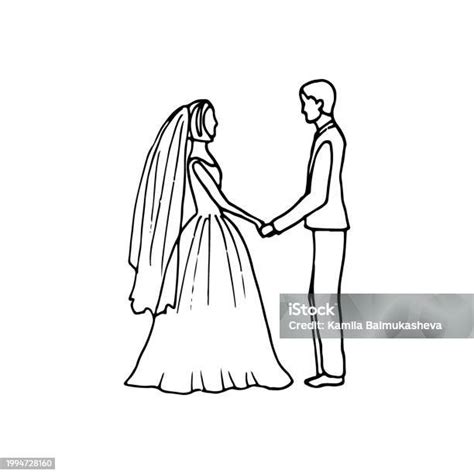 손을 잡고 서로 마주 보고 서 있는 신혼 부부의 손으로 그린 그림입니다 낙서 스타일의 웨딩 드로잉 혼인 서약에 대한 스톡 벡터 아트 및 기타 이미지 Istock