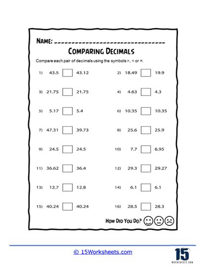 Comparing Decimals Worksheets Worksheets