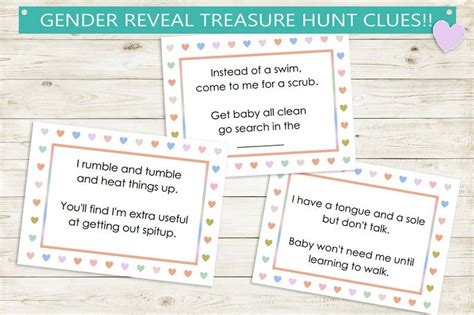 Gender Reveal Printable Treasure Hunt Clues Editable PDF Gender Reveal Game Rhyming Clues