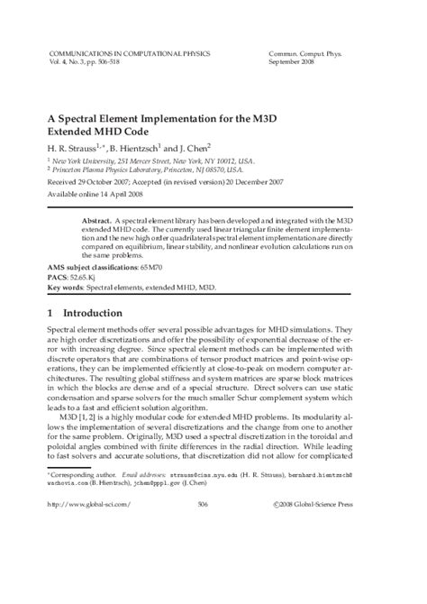 Pdf A Spectral Element Implementation For The M3d Extended Mhd Code
