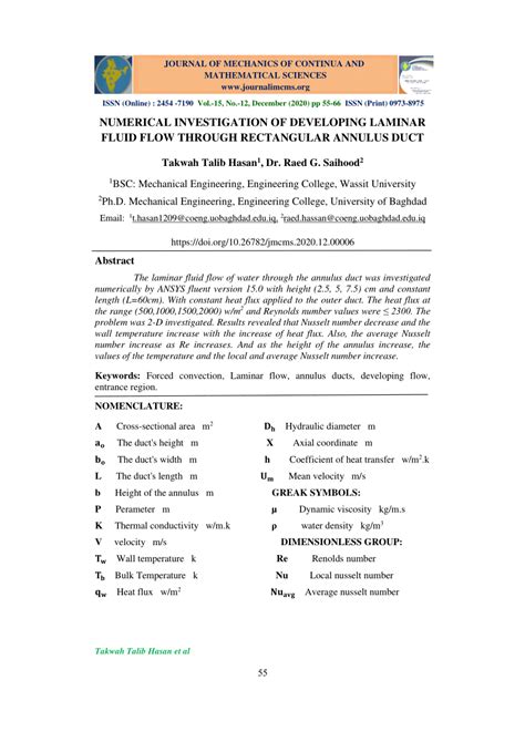 Pdf Numerical Investigation Of Developing Laminar Fluid Flow Through Rectangular Annulus Duct