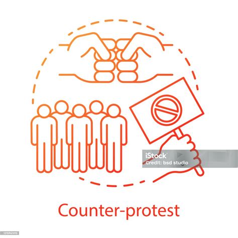 반대 항의 개념 아이콘입니다 공개 대결 불일치 표현 아이디어 얇은 라인 그림 손 들고 현수막 주먹과 군중 벡터 고립 된 윤곽
