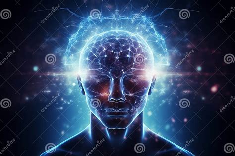Human Head with Bright Glowing Neural Network Connections, Neural Chip ...