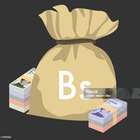 볼리바르 소베라노 벡터 그림입니다 베네수엘라 돈 세트 번들 지폐 돈 가방 Ves 플랫 스타일 흰색 배경에 격리되어 있습니다