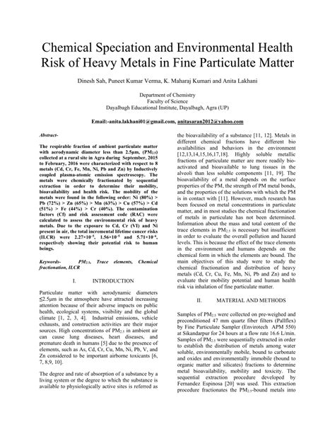 Pdf Chemical Speciation And Environmental Health Risk Of Heavy Metals In Fine Particulate Matter