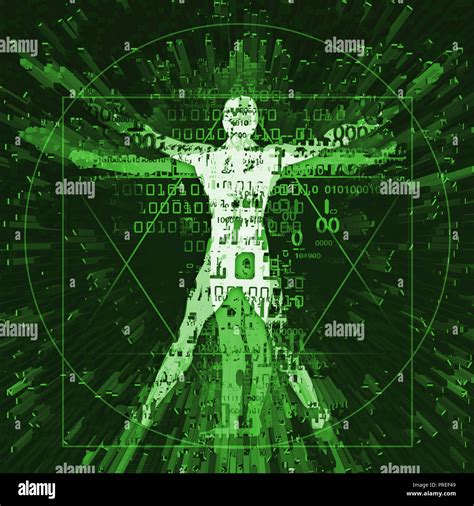 Vitruvian Man Of Digital Age Green Background Illustration Of Vitruvian Man With A Binary
