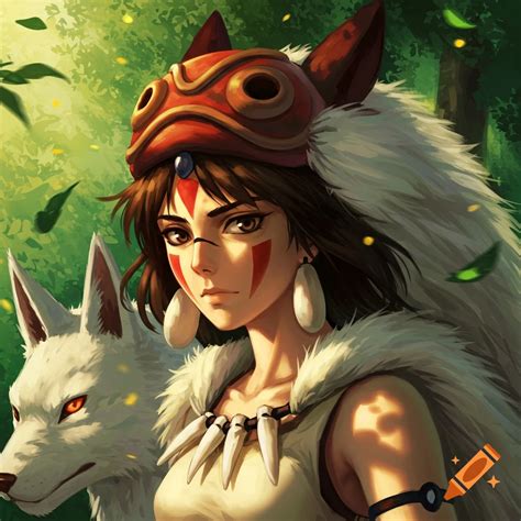 Princess Mononoke And A Large White Wolf Sit In A Forest Clearing