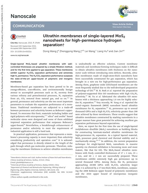 PDF Ultrathin Membranes Of Single Layered MoS Nanosheets For High Permeance Hydrogen Separation