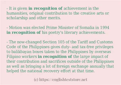 Example Uses In Sentence Of In Recognition Of Englishteststore Blog