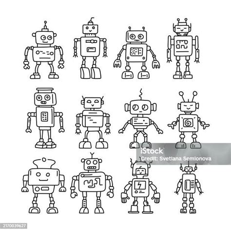 낙서 스타일 어린이 벡터 일러스트 레이 션에 귀여운 로봇 세트 경외감에 대한 스톡 벡터 아트 및 기타 이미지 경외감 과학 귀여운 Istock