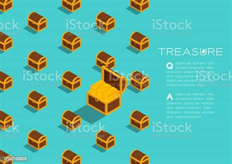 보물 상자 금 괴 3d 등각 계수 패턴 부 개념 포스터 및 소셜 배너 게시물 복사 공간 녹색 배경에 격리 된 수평 디자인 그림 벡터 Eps 10 골동품에 대한 스톡 벡터