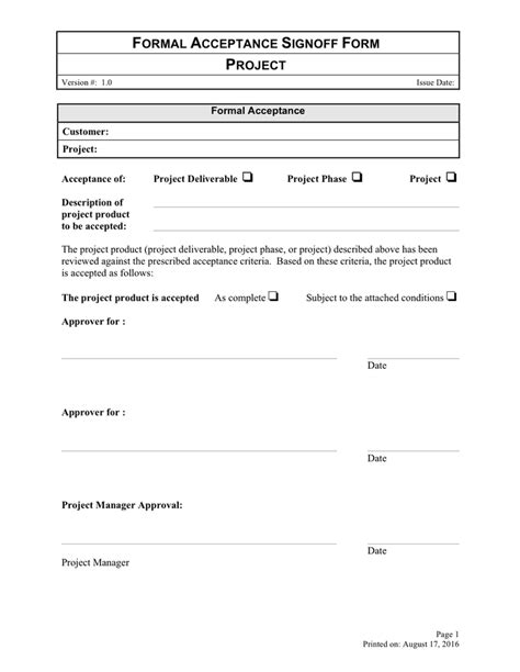 Acceptance Approval Sign Off Template