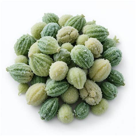 Close Up Of A Pile Of Small Bumpy Green And Yellow Fruits On White Background Stock Illustration
