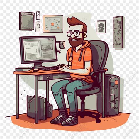 프로그래머 클립 아트 컴퓨터 만화에 앉아 수염 난 남자의 설명 이미지 벡터의자가구 Png 일러스트 무료 다운로드 Lovepik