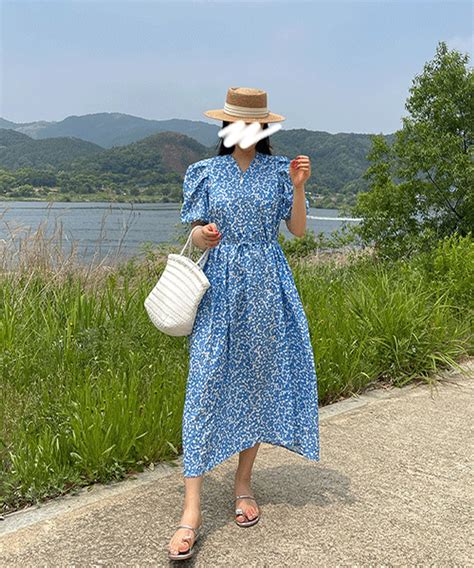 시원한원단 ️ 썸머 브이넥 퍼프소매 플라워 오버핏 롱원피스 휴가룩 바캉스 여름휴가 원피스 2color 44~77size
