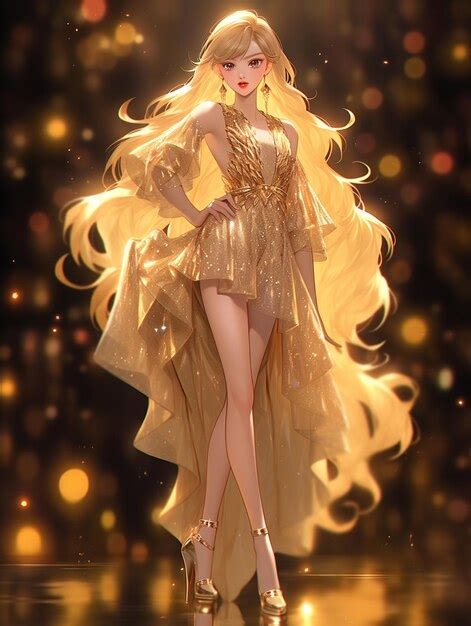 Premium Photo Anime Girl In Gold Dress With Long Hair And High Heels