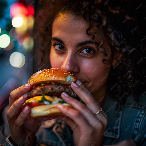 Premium Photo Close Up Shot Of A Person Eating Burger In Restaurant