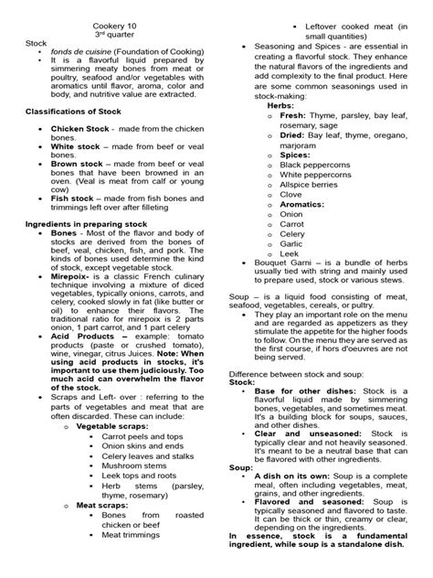 Tle Cookery 10 Reviewer 3rd Quarter Pdf Soup Stock Food