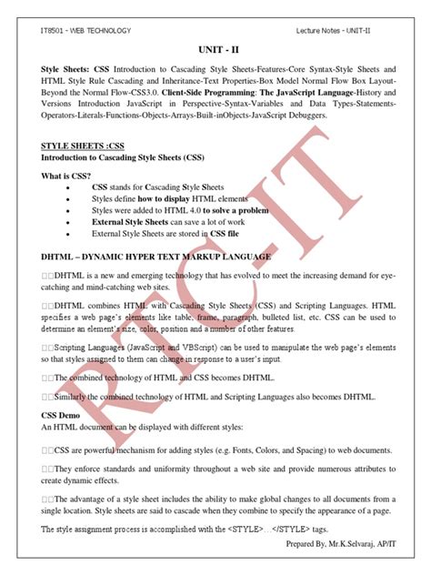 It8501 Web Technology Lecture Notes Unit Ii Pdf Dynamic Html Html