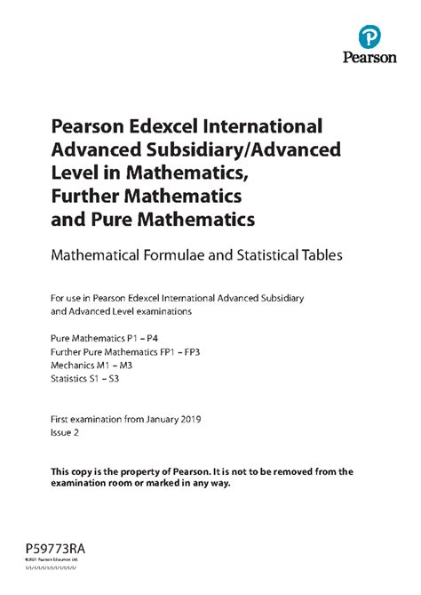 Pearson Edexcel A Level Maths Formulae And Statistical Tables Issue 2