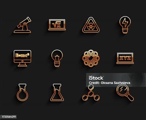 라인 시험관과 플라스크 망원경 분자 돋보기 아이디어 개념이 있는 전구 Xyz 좌표계 및 원자 아이콘을 설정합니다 벡터 0명에 대한 스톡 벡터 아트 및 기타 이미지 Istock