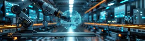 Futuristic Lab With Robotic Arm And Digital Hologram Bathed In Blue