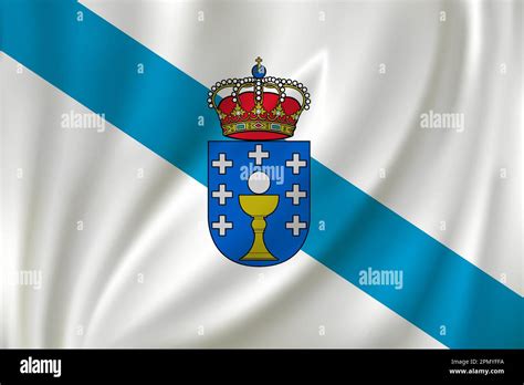 Flag of Galicia waving in the wind on silk background. State Spain ...