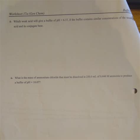 Solved Worksheet 17a Gen Chem Buffer 6 37 If The Buffer Chegg Com