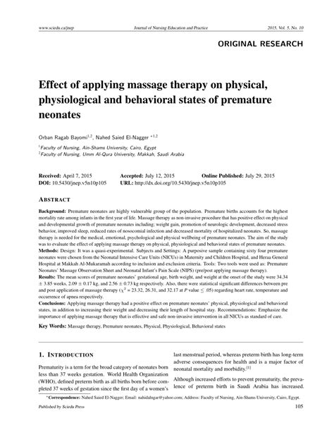 Pdf Effect Of Applying Massage Therapy On Physical Physiological And