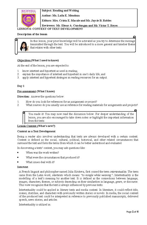 reading and writing lesson 6 lecture materials subject reading and